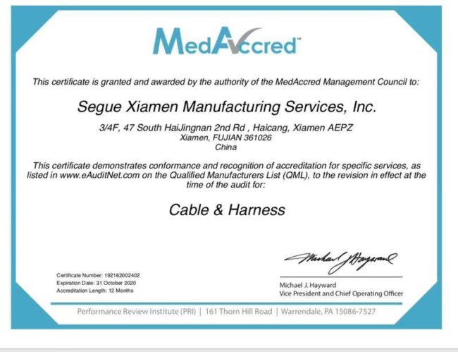 Awarded MedAccred Accreditation for Cable and Harness… | Segue